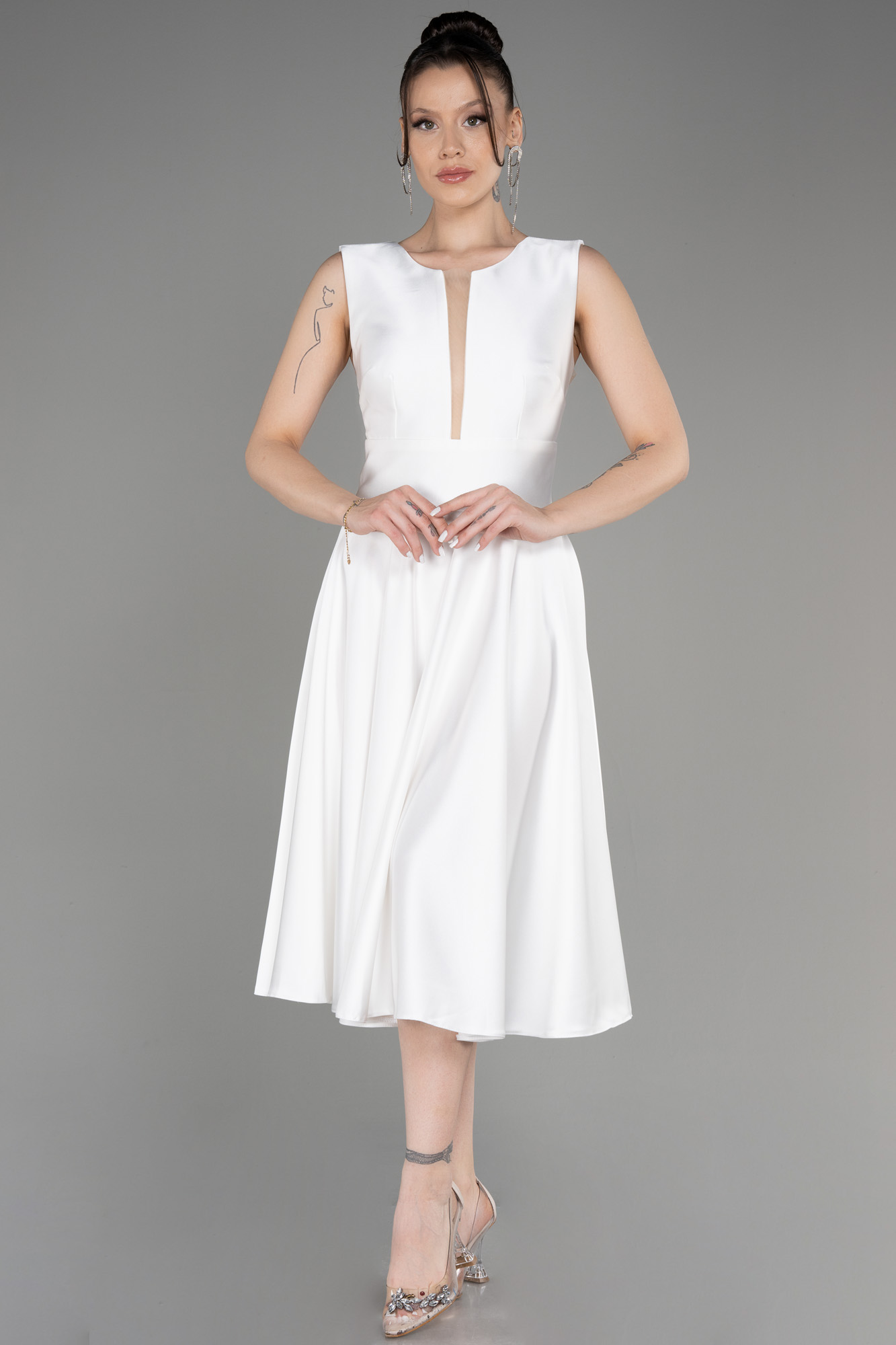 Partykleid Midi Satin Weiß ABK2041 | Abiyefon.com